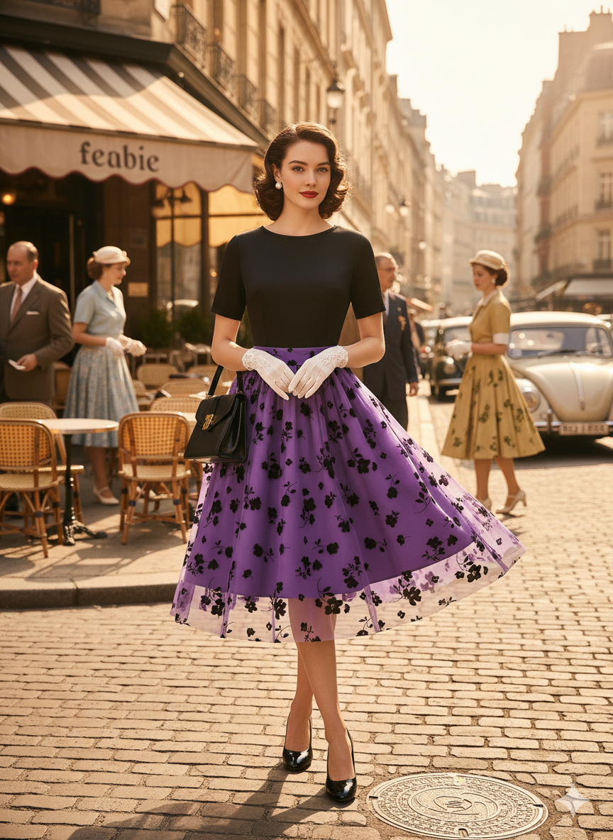 Charming Heart Flocking Mesh Pleated Dress - Vintage Style Round Neck ...