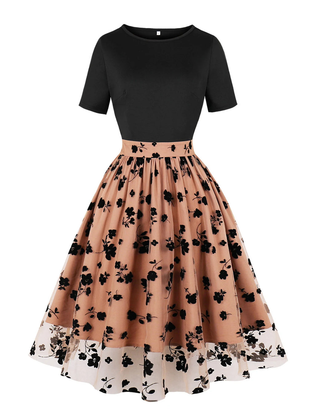 Charming Heart Flocking Mesh Pleated Dress - Vintage Style Round Neck ...